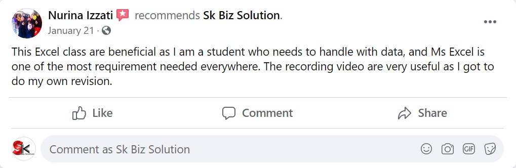 Excel In-House Training – Sk Biz Solution Technology Sdn Bhd.